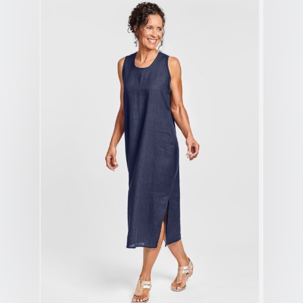 Navy Blue Linen Maxi Dress Circle Pattern Lagging Loo… - Gem